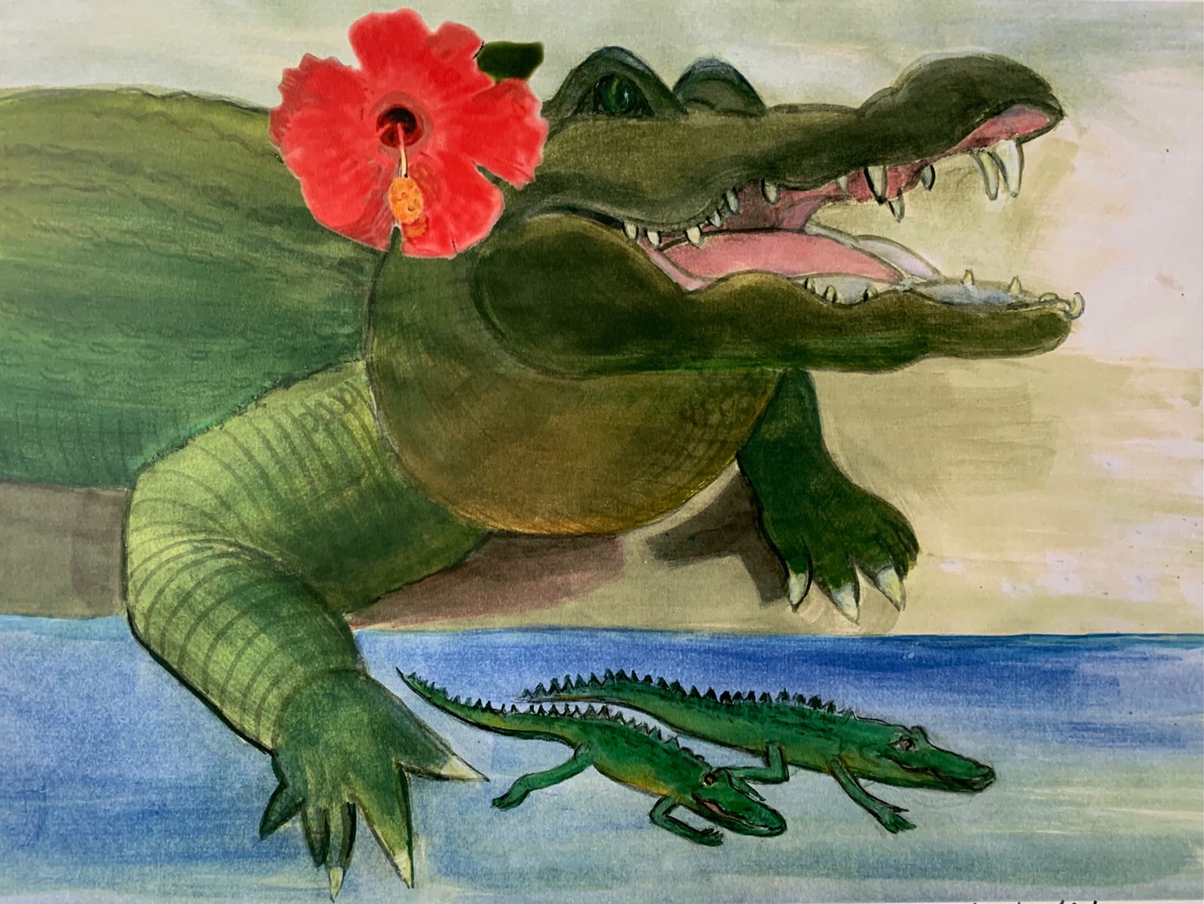 “Mama Gator with Hibiscus” by Carolyn Dlouhy Walega – Gallery X